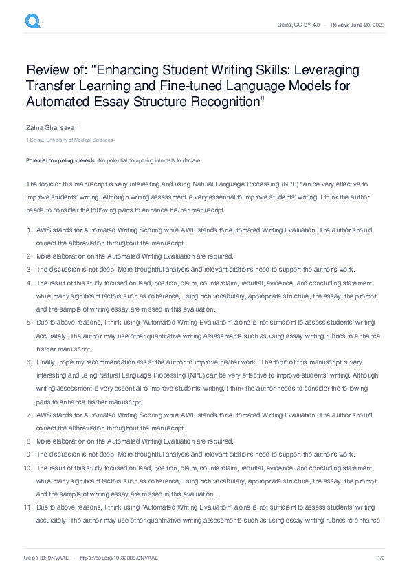 (PDF) Review of: "Enhancing Student Writing Skills: Leveraging Transfer Learning and Fine-tuned ...