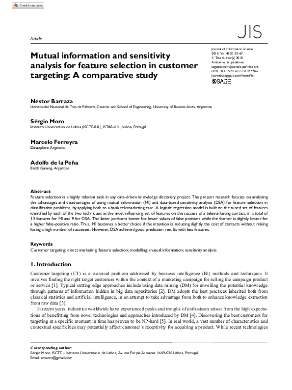 (PDF) Mutual information and sensitivity analysis for feature selection in customer targeting: A ...
