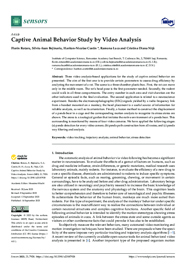 (PDF) Captive Animal Behavior Study by Video Analysis | F. Rotaru ...