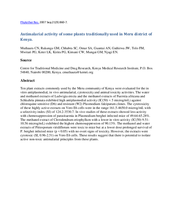 (PDF) Antimalarial activity of some plants traditionally used in Meru ...