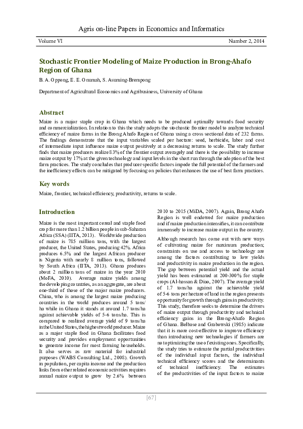 (PDF) Stochastic Frontier Modeling of Maize Production in Brong-Ahafo Region of Ghana