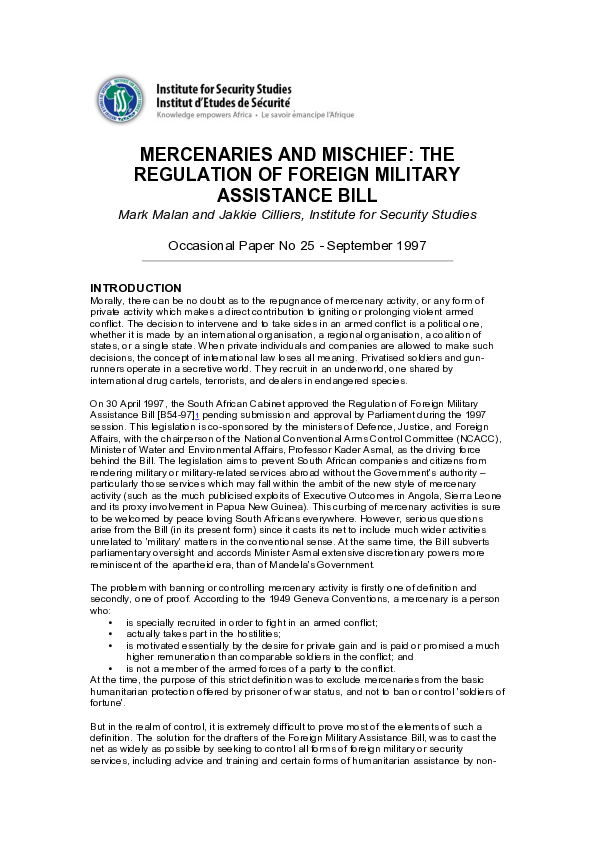 (PDF) Mercenaries and Mischief: The Regulation of Foreign Military ...