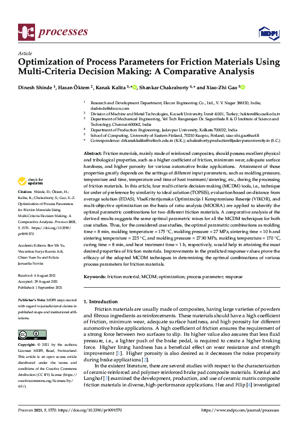 (PDF) Optimization of Process Parameters for Friction Materials Using Multi-Criteria Decision ...