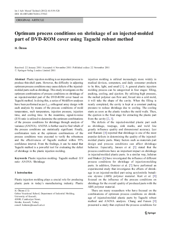 (PDF) Optimum process conditions on shrinkage of an injected-molded part of DVD-ROM cover using ...