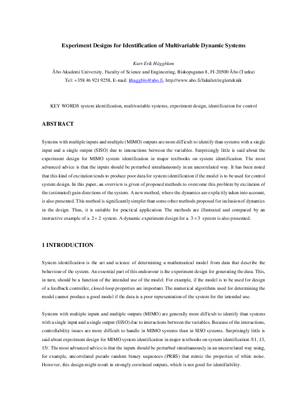 (PDF) Experiment Designs for Identification of Multivariable Dynamic Systems | Kurt Häggblom ...