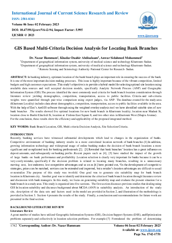 (PDF) GIS Based Multi-Criteria Decision Analysis for Locating Bank Branches