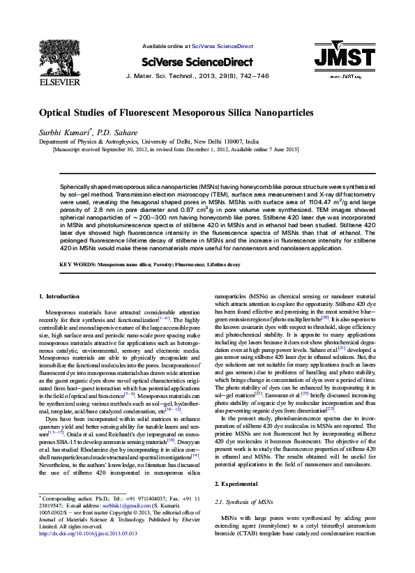 (PDF) Optical Studies of Fluorescent Mesoporous Silica Nanoparticles