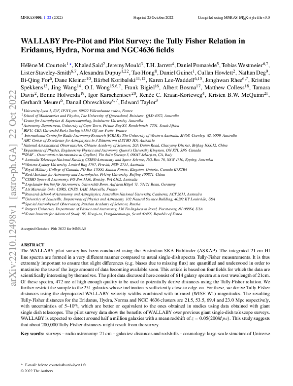 (PDF) WALLABY Pre-Pilot and Pilot Survey: the Tully Fisher Relation in Eridanus, Hydra, Norma ...