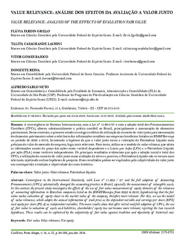 (PDF) Value Relevance: Analysis of the Effects of Evaluation Fair Value