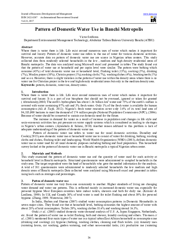 (PDF) Pattern of Domestic Water Use in Bauchi Metropolis