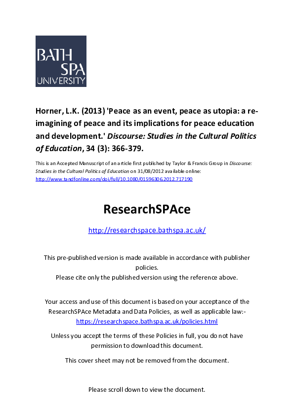(PDF) Peace as an event, peace as utopia: a re-imagining of peace and ...