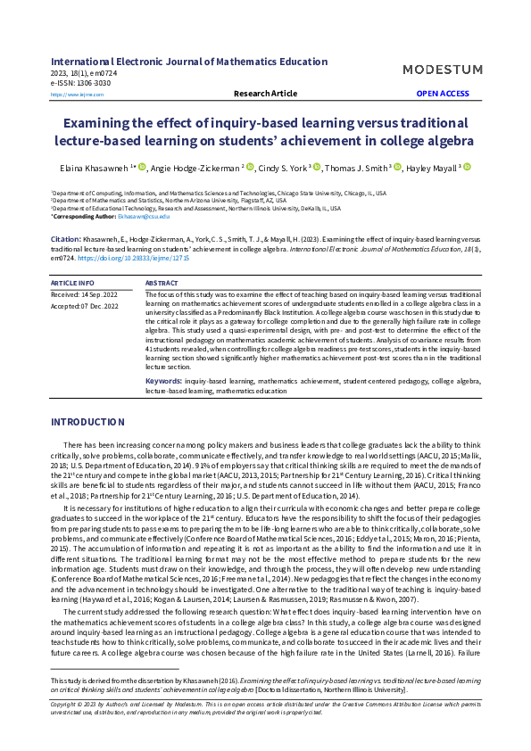 Pdf Examining The Effect Of Inquiry Based Learning Versus Traditional