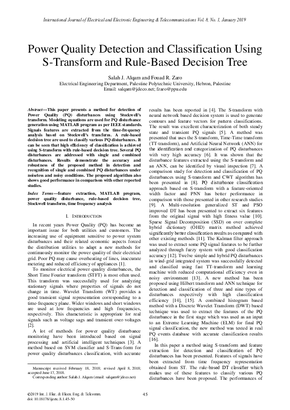 Pdf Power Quality Detection And Classification Using S Transform And Rule Based Decision Tree