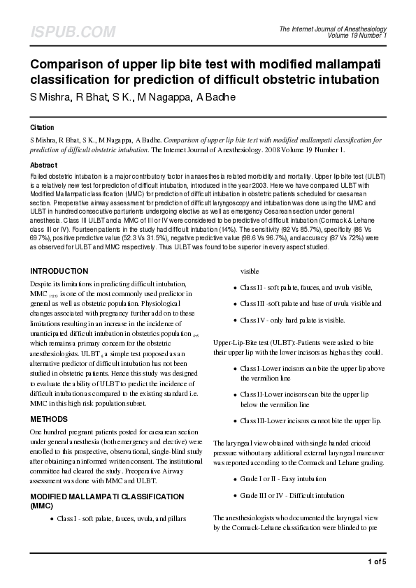 (PDF) Comparison of upper lip bite test with modified mallampati ...