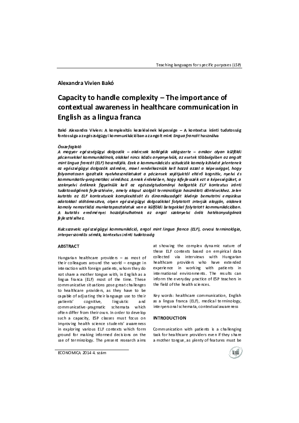 (PDF) Capacity to handle complexity – The importance of contextual awareness in healthcare ...