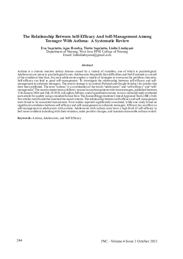 (PDF) The Relationship between Self-Efficacy and Self-Management among Teenager with Asthma: A ...