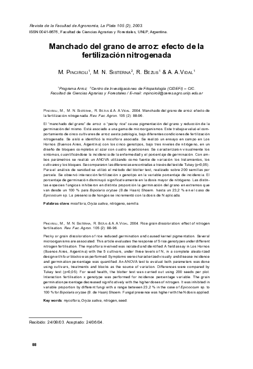 (PDF) Manchado del grano de arroz: efecto de la fertilización nitrogenada