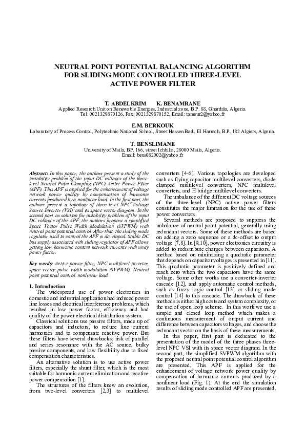 Pdf Neutral Point Potential Balancing Algorithm For Sliding Mode Controlled Three Level Active