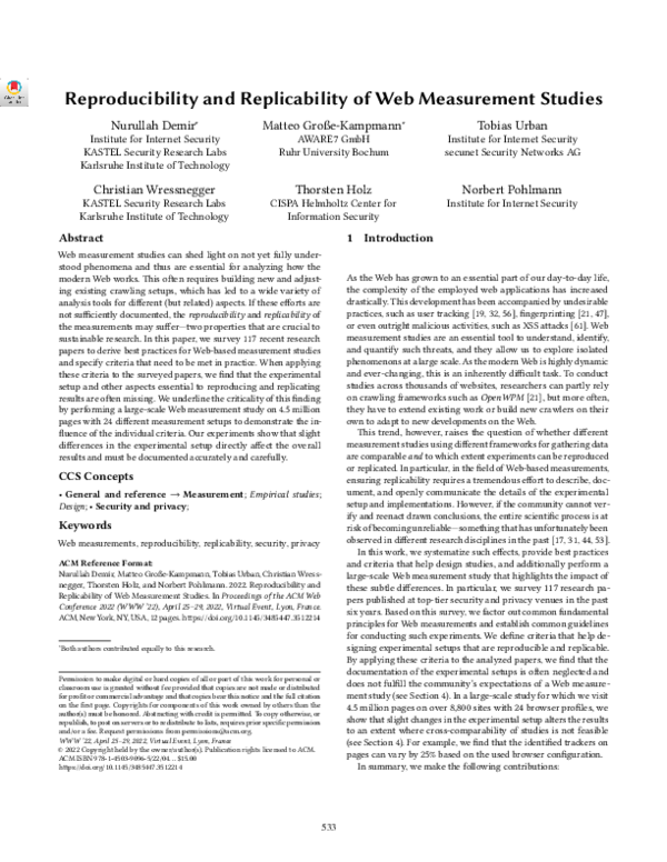 (PDF) Reproducibility and Replicability of Web Measurement Studies