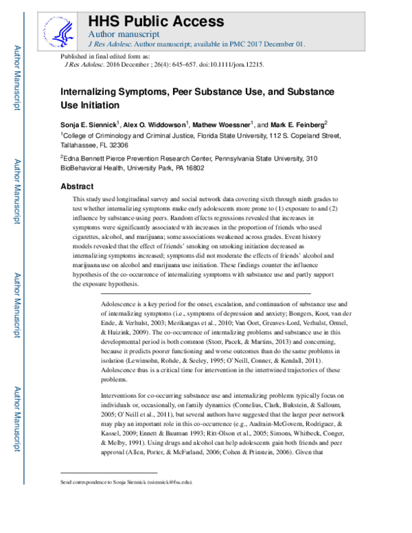 (PDF) Internalizing Symptoms, Peer Substance Use, and Substance Use ...