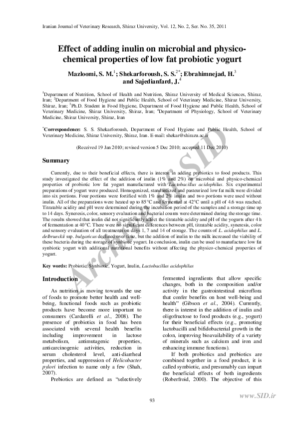 (PDF) Effect of adding inulin on microbial and physico- chemical properties of low fat probiotic ...