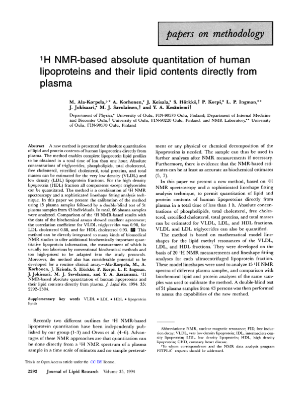 (PDF) 1H NMR-based absolute quantitation of human lipoproteins and ...