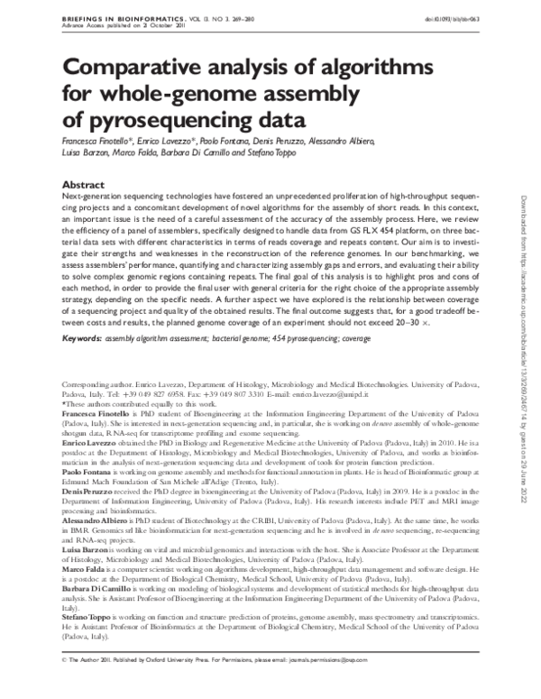 (PDF) Comparative analysis of algorithms for whole-genome assembly of pyrosequencing data