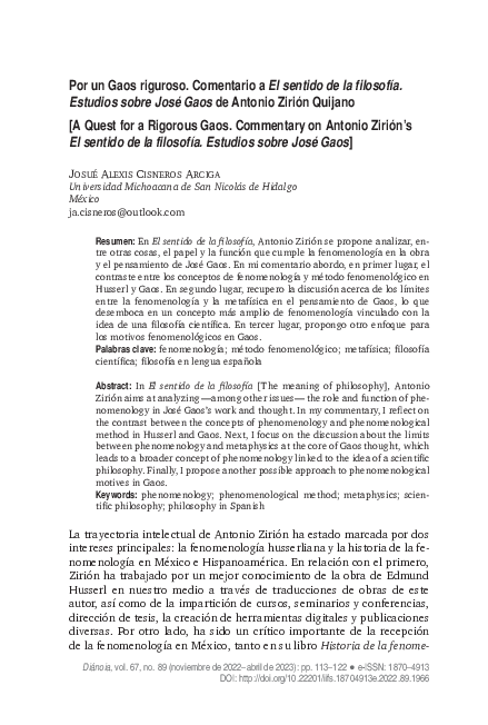 (PDF) Por un Gaos riguroso. Comentario a El sentido de la filosofía. Estudios sobre José Gaos de ...