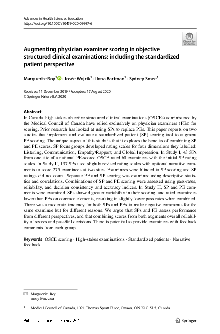 (PDF) Augmenting physician examiner scoring in objective structured clinical examinations ...