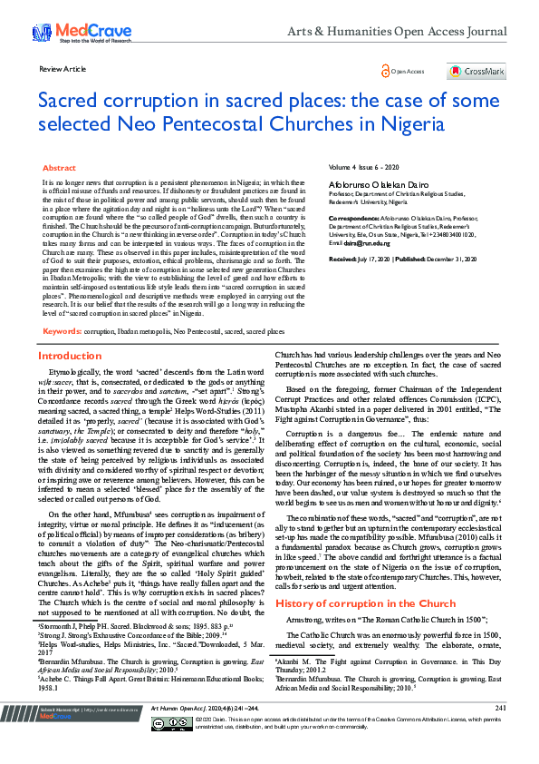 (PDF) Sacred corruption in sacred places: the case of some selected Neo ...