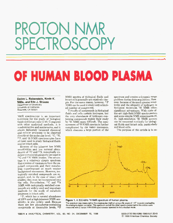 (PDF) Proton NMR Spectroscopy of Human Blood Plasma and Red Blood Cells