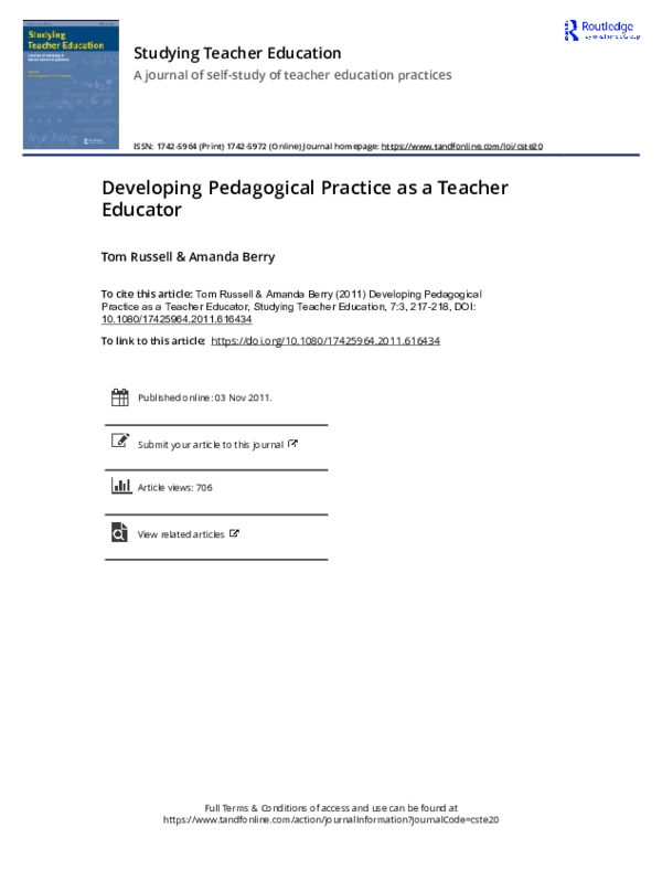 Pdf Developing Pedagogical Practice As A Teacher Educator Tom Russell