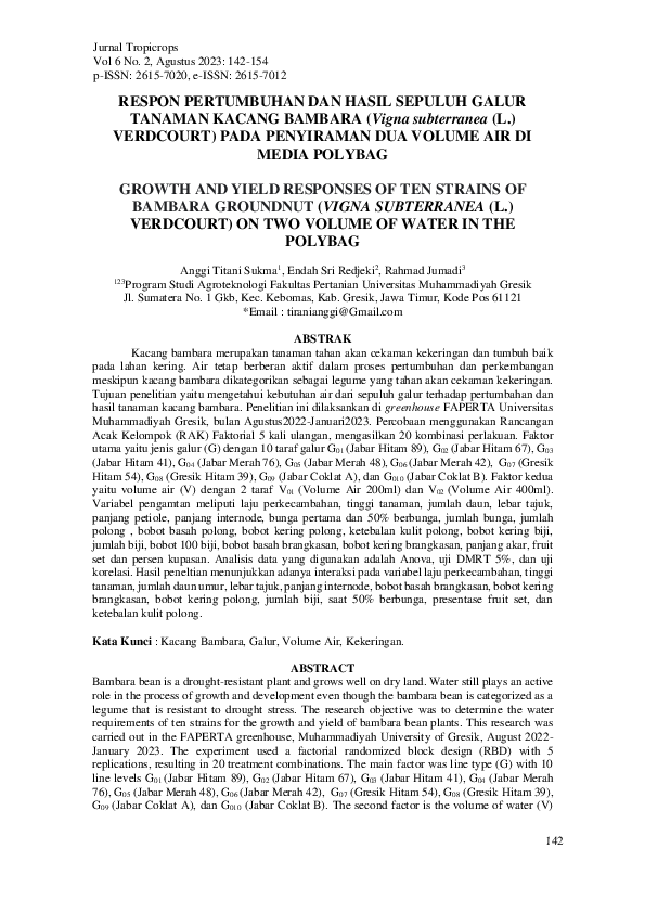 (PDF) RESPON PERTUMBUHAN DAN HASIL SEPULUH GALUR TANAMAN KACANG BAMBARA (Vigna subterranea (L ...