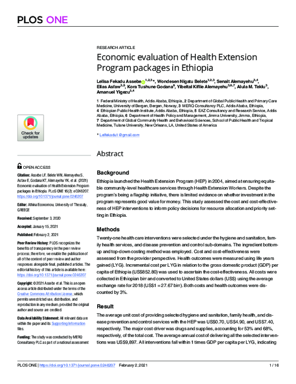 (PDF) Economic evaluation of Health Extension Program packages in Ethiopia