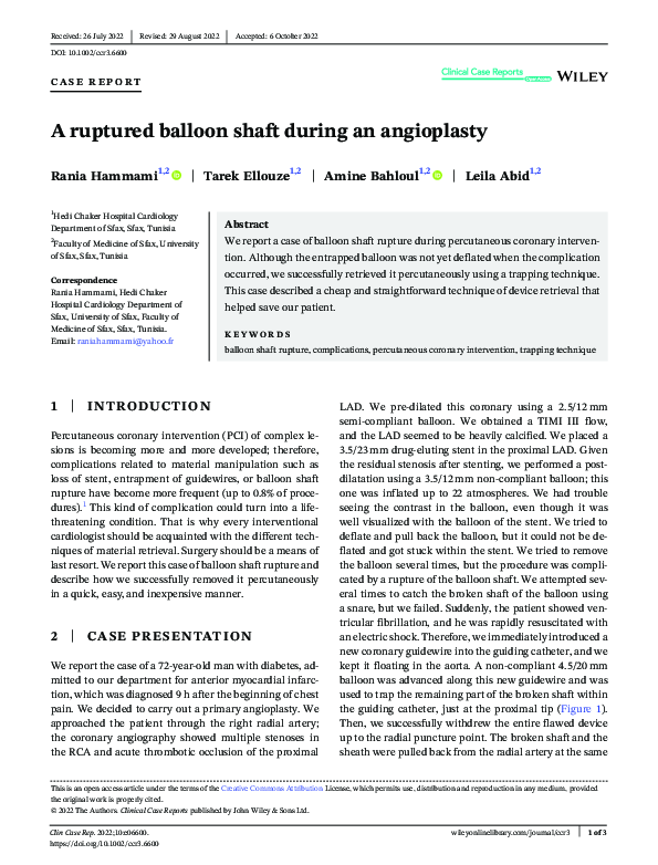 (PDF) A ruptured balloon shaft during an angioplasty