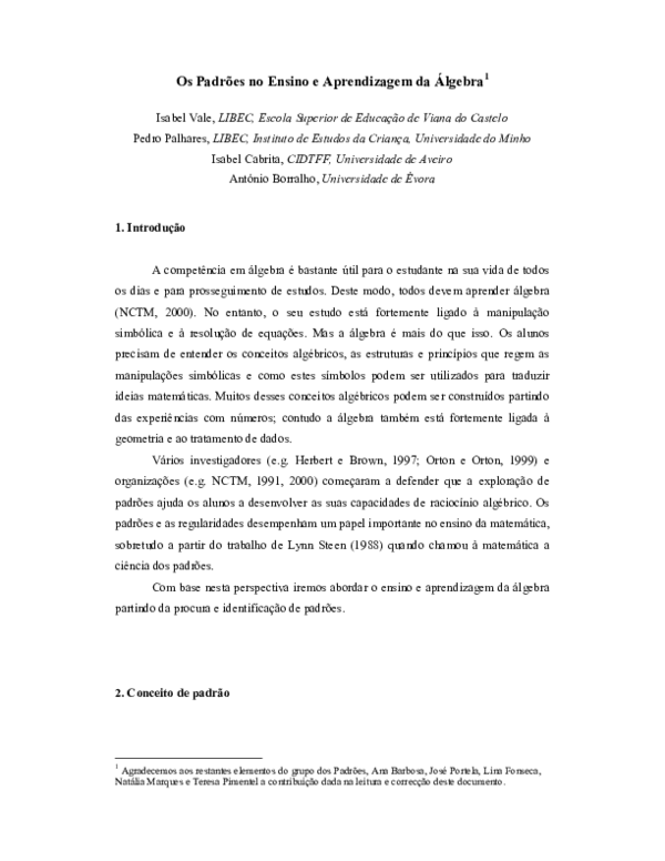 (PDF) Os padrões no ensino e aprendizagem da Álgebra