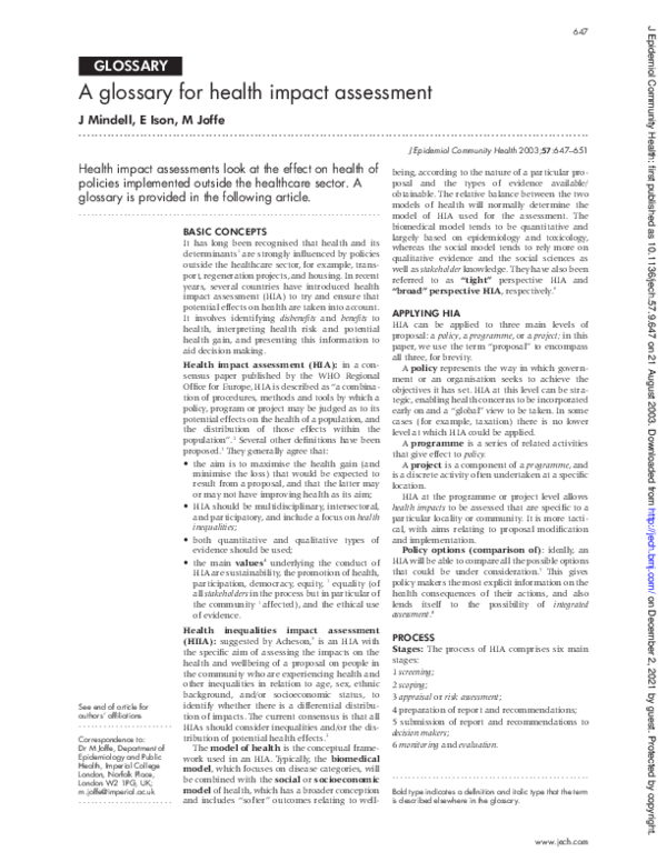 (PDF) A glossary for health impact assessment