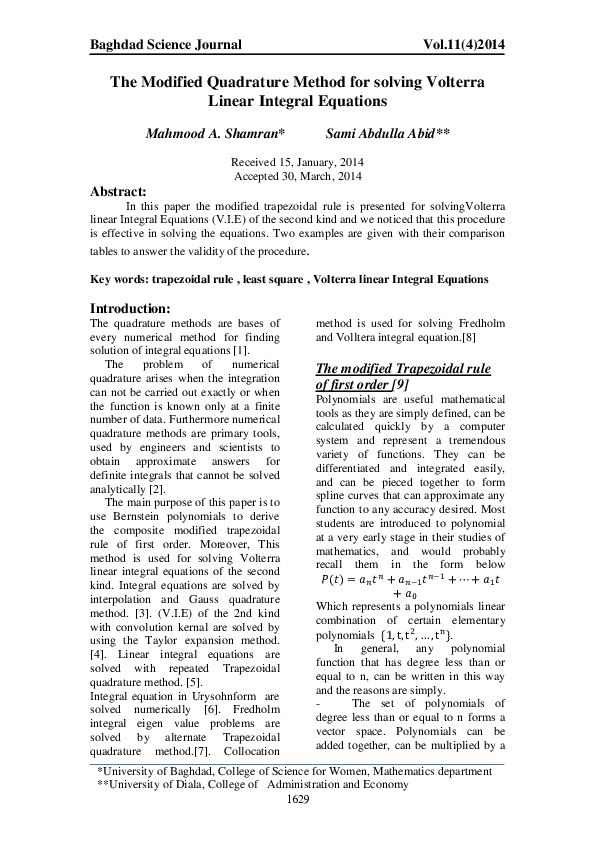 (PDF) The Modified Quadrature Method for solving Volterra Linear Integral Equations