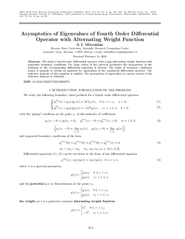Pdf Asymptotics Of The Eigenvalues Of A Fourth Order Differential Operator With Eigenvalue