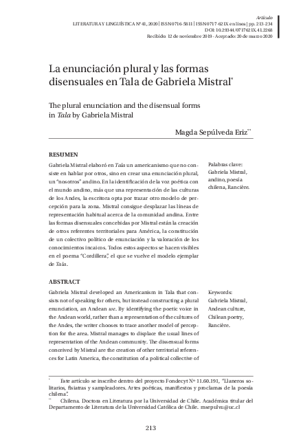 (PDF) La enunciación plural y las formas disensuales en Tala de Gabriela Mistral | Magda ...