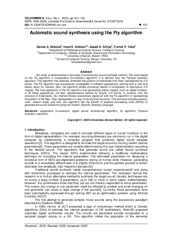(PDF) Automatic sound synthesis using the fly algorithm | Zainab Abbood - Academia.edu