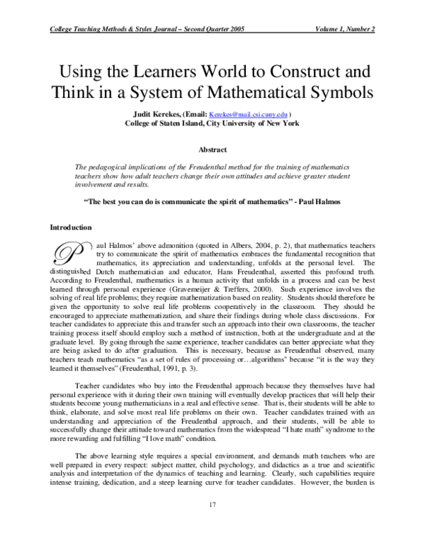 (PDF) Using The Learners World To Construct And Think In A System Of ...