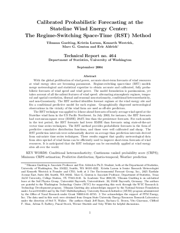 (PDF) Calibrated Probabilistic Forecasting at the Stateline Wind Energy Center: The Regime ...