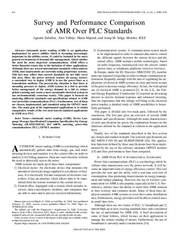 (PDF) Survey and Performance Comparison of AMR Over PLC Standards