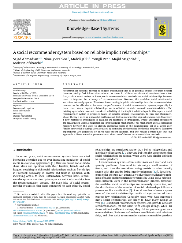 Pdf A Social Recommender System Based On Reliable Implicit Relationships