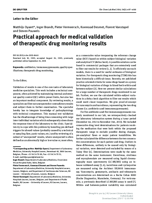 (PDF) Practical approach for medical validation of therapeutic drug monitoring results