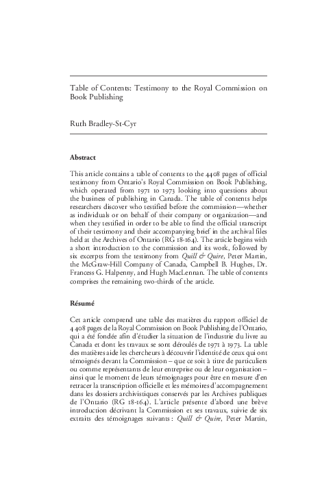 Table of Contents: Testimony to the Royal Commission on Book Publishing