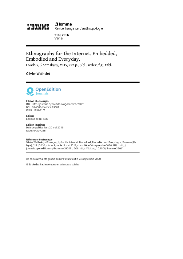 (PDF) Ethnography for the Internet. Embedded, Embodied and Everyday,. London, Bloomsbury, 2015 ...