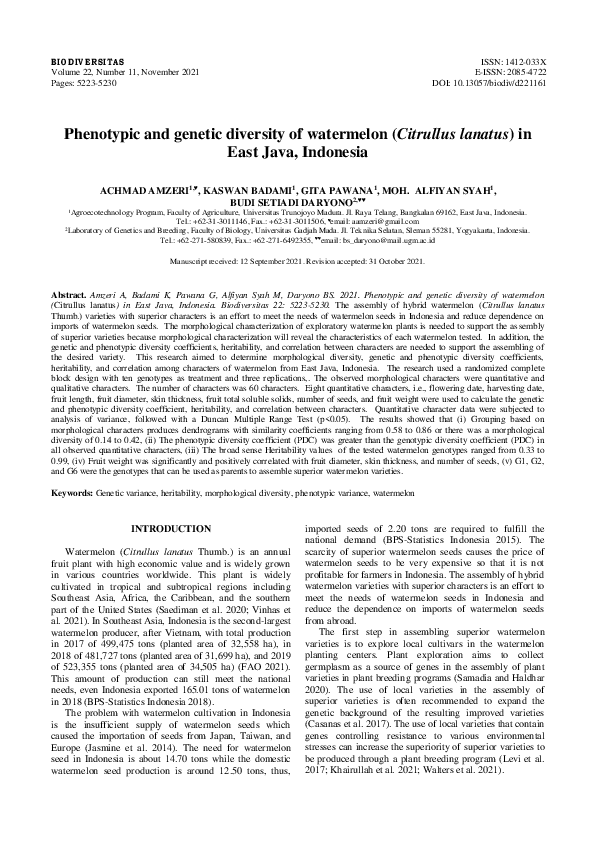 (PDF) Phenotypic and genetic diversity of watermelon (Citrullus lanatus) in East Java, Indonesia ...