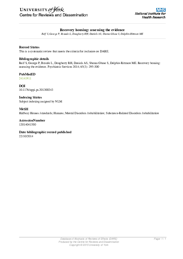 (PDF) Recovery Housing: Assessing the Evidence